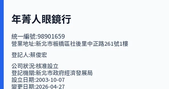 年菁人眼鏡行的照片-統編 98901659(新北市) 公司登記資料與營業項目詳細圖表