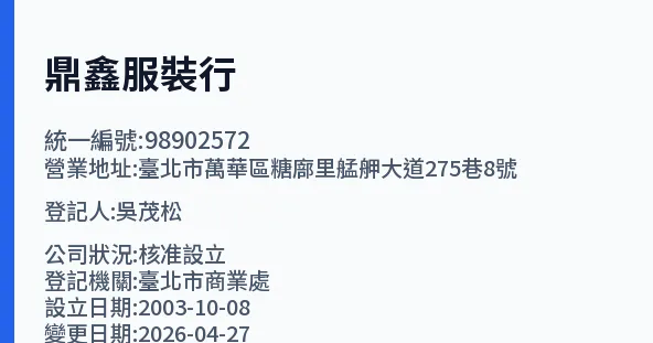 鼎鑫服裝行的照片-統編 98902572(臺北市) 公司登記資料與營業項目詳細圖表