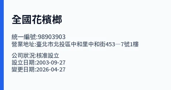 全國花檳榔的照片-統編 98903903(臺北市) 公司登記資料與營業項目詳細圖表
