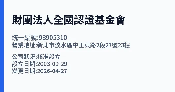 財團法人全國認證基金會的照片-統編 98905310(新北市) 公司登記資料與營業項目詳細圖表