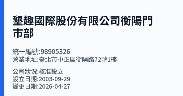 墾趣國際股份有限公司衡陽門市部的照片-統編 98905326(臺北市) 公司登記資料與營業項目詳細圖表