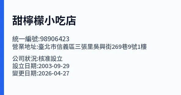 甜檸檬小吃店的照片-統編 98906423(臺北市) 公司登記資料與營業項目詳細圖表