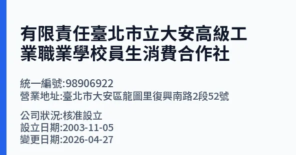 有限責任臺北市立大安高級工業職業學校員生消費合作社的照片-統編 98906922(臺北市) 公司登記資料與營業項目詳細圖表