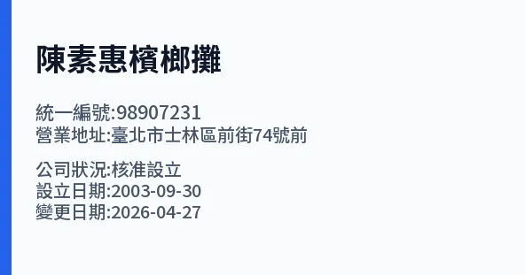陳素惠檳榔攤的照片-統編 98907231(臺北市) 公司登記資料與營業項目詳細圖表