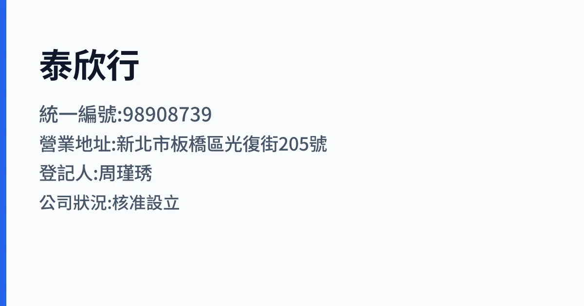 泰欣行 - 統編 98908739(新北市) 公司登記資料與營業項目詳細圖表