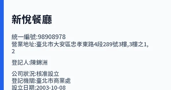 新悅餐廳的照片-統編 98908978(臺北市) 公司登記資料與營業項目詳細圖表