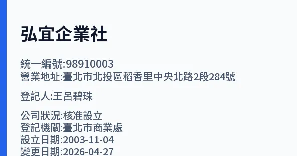 弘宜企業社的照片-統編 98910003(臺北市) 公司登記資料與營業項目詳細圖表