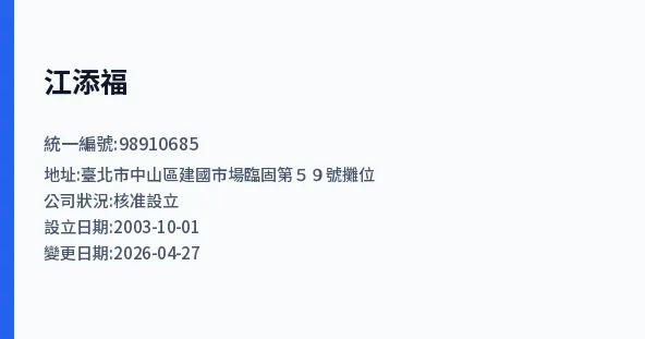 江添福的照片-統編 98910685(臺北市) 公司登記資料與營業項目詳細圖表