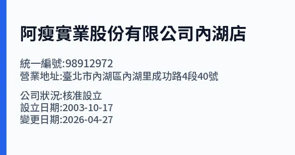 阿瘦實業股份有限公司內湖店的照片-統編 98912972(臺北市) 公司登記資料與營業項目詳細圖表
