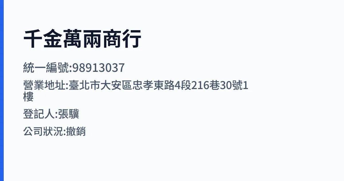 千金萬兩商行 - 統編 98913037(新北市) 公司登記資料與營業項目詳細圖表