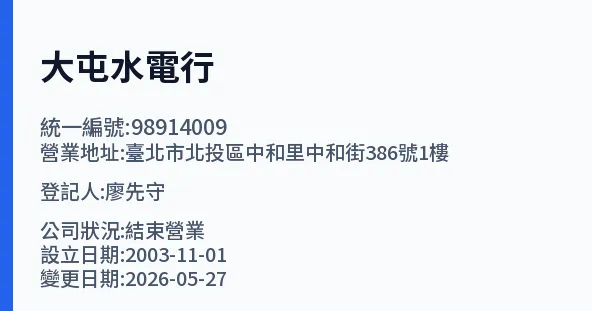大屯水電行的照片-統編 98914009(臺北市) 公司登記資料與營業項目詳細圖表
