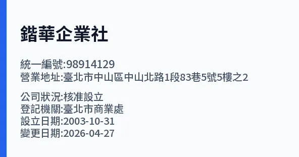 鍇華企業社的照片-統編 98914129(臺北市) 公司登記資料與營業項目詳細圖表