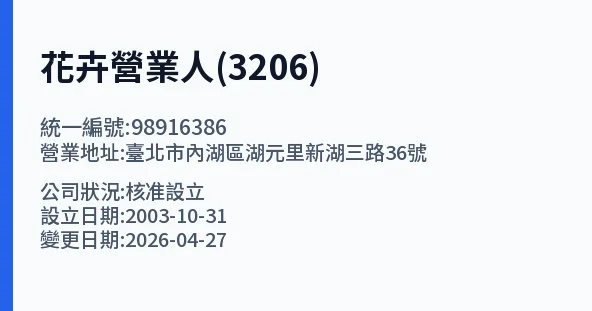 花卉營業人(3206)的照片-統編 98916386(臺北市) 公司登記資料與營業項目詳細圖表