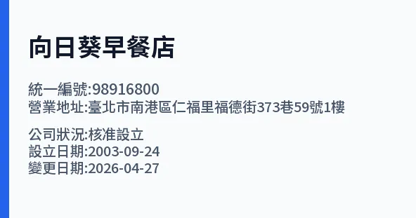 向日葵早餐店的照片-統編 98916800(臺北市) 公司登記資料與營業項目詳細圖表