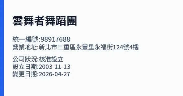 雲舞者舞蹈團的照片-統編 98917688(新北市) 公司登記資料與營業項目詳細圖表