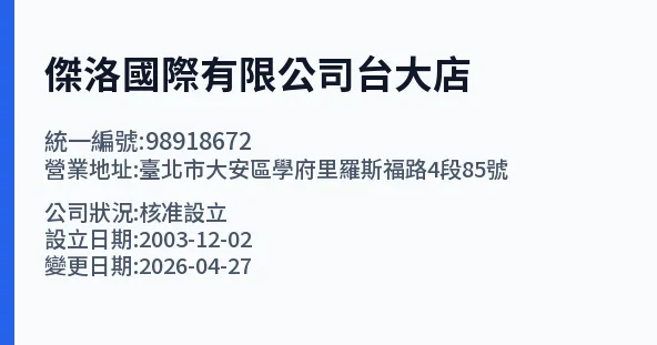 傑洛國際有限公司台大店的照片-統編 98918672(臺北市) 公司登記資料與營業項目詳細圖表
