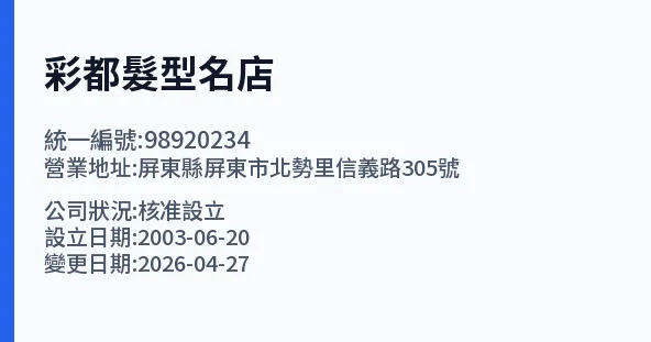 彩都髮型名店的照片-統編 98920234(屏東縣) 公司登記資料與營業項目詳細圖表