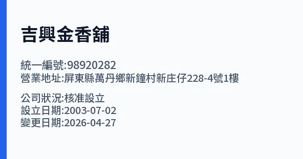 吉興金香舖的照片-統編 98920282(屏東縣) 公司登記資料與營業項目詳細圖表