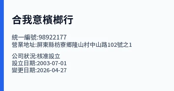 合我意檳榔行的照片-統編 98922177(屏東縣) 公司登記資料與營業項目詳細圖表