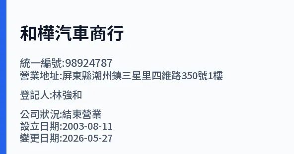 和樺汽車商行的照片-統編 98924787(屏東縣) 公司登記資料與營業項目詳細圖表