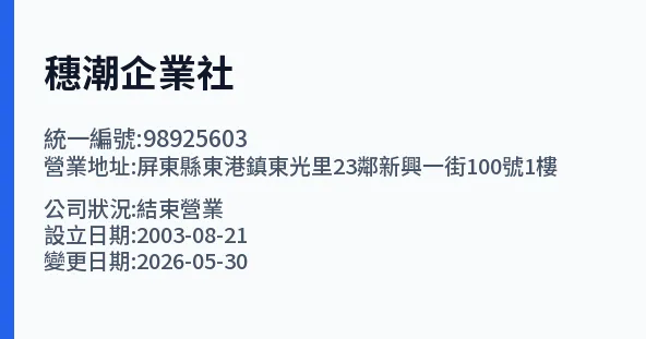 穗潮企業社的照片-統編 98925603(屏東縣) 公司登記資料與營業項目詳細圖表