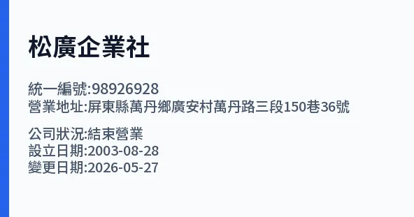 松廣企業社的照片-統編 98926928(屏東縣) 公司登記資料與營業項目詳細圖表