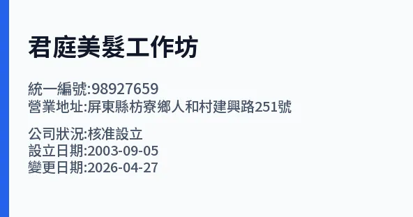 君庭美髮工作坊的照片-統編 98927659(屏東縣) 公司登記資料與營業項目詳細圖表