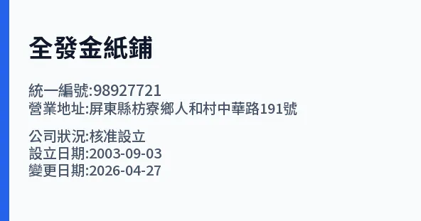 全發金紙鋪的照片-統編 98927721(屏東縣) 公司登記資料與營業項目詳細圖表