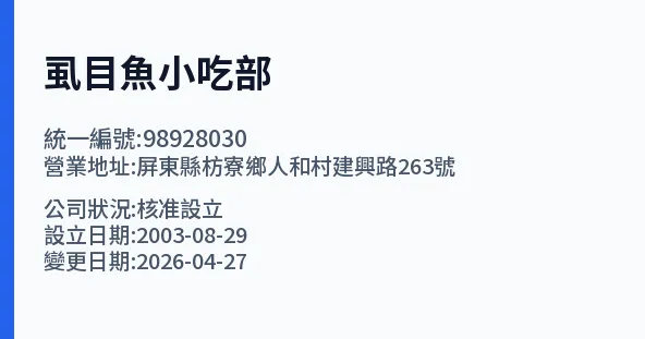 虱目魚小吃部的照片-統編 98928030(屏東縣) 公司登記資料與營業項目詳細圖表
