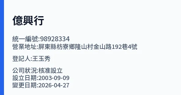 億興行的照片-統編 98928334(屏東縣) 公司登記資料與營業項目詳細圖表