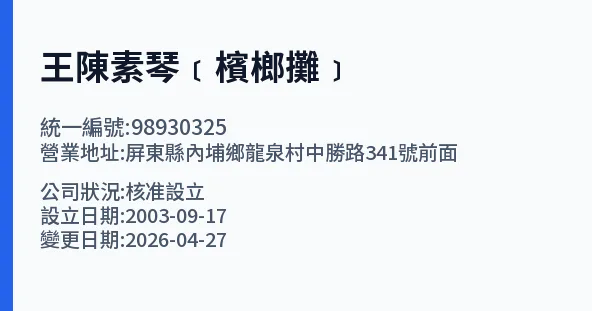 王陳素琴﹝檳榔攤﹞的照片-統編 98930325(屏東縣) 公司登記資料與營業項目詳細圖表