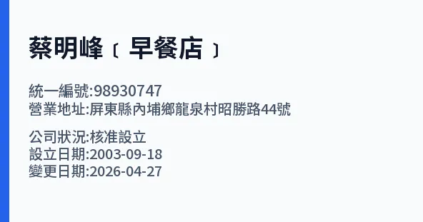 蔡明峰﹝早餐店﹞的照片-統編 98930747(屏東縣) 公司登記資料與營業項目詳細圖表