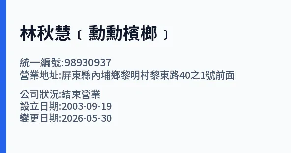 林秋慧﹝勳勳檳榔﹞的照片-統編 98930937(屏東縣) 公司登記資料與營業項目詳細圖表
