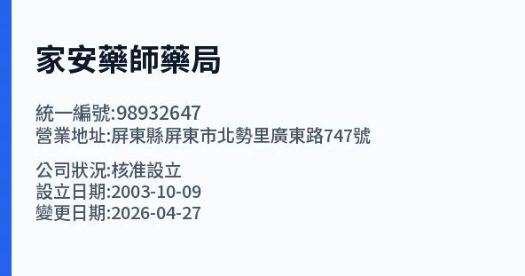 家安藥師藥局的照片-統編 98932647(屏東縣) 公司登記資料與營業項目詳細圖表