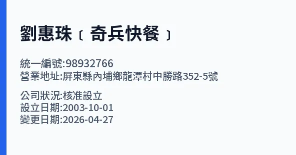 劉惠珠﹝奇兵快餐﹞的照片-統編 98932766(屏東縣) 公司登記資料與營業項目詳細圖表