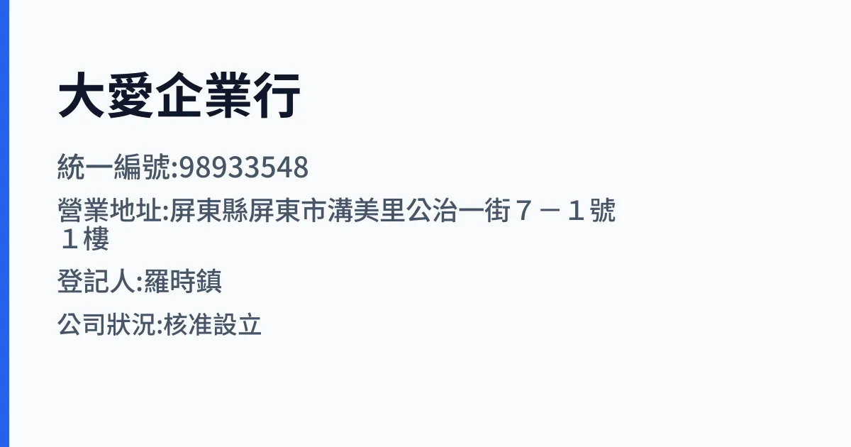 大愛企業行 - 統編 98933548(屏東縣) 公司登記資料與營業項目詳細圖表