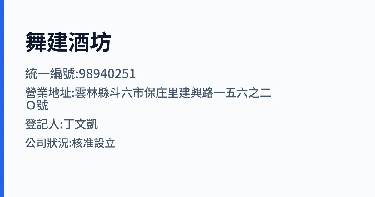 舞建酒坊 - 統編 98940251(雲林縣) 公司登記資料與營業項目詳細圖表