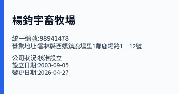 楊鈞宇畜牧場的照片-統編 98941478(雲林縣) 公司登記資料與營業項目詳細圖表
