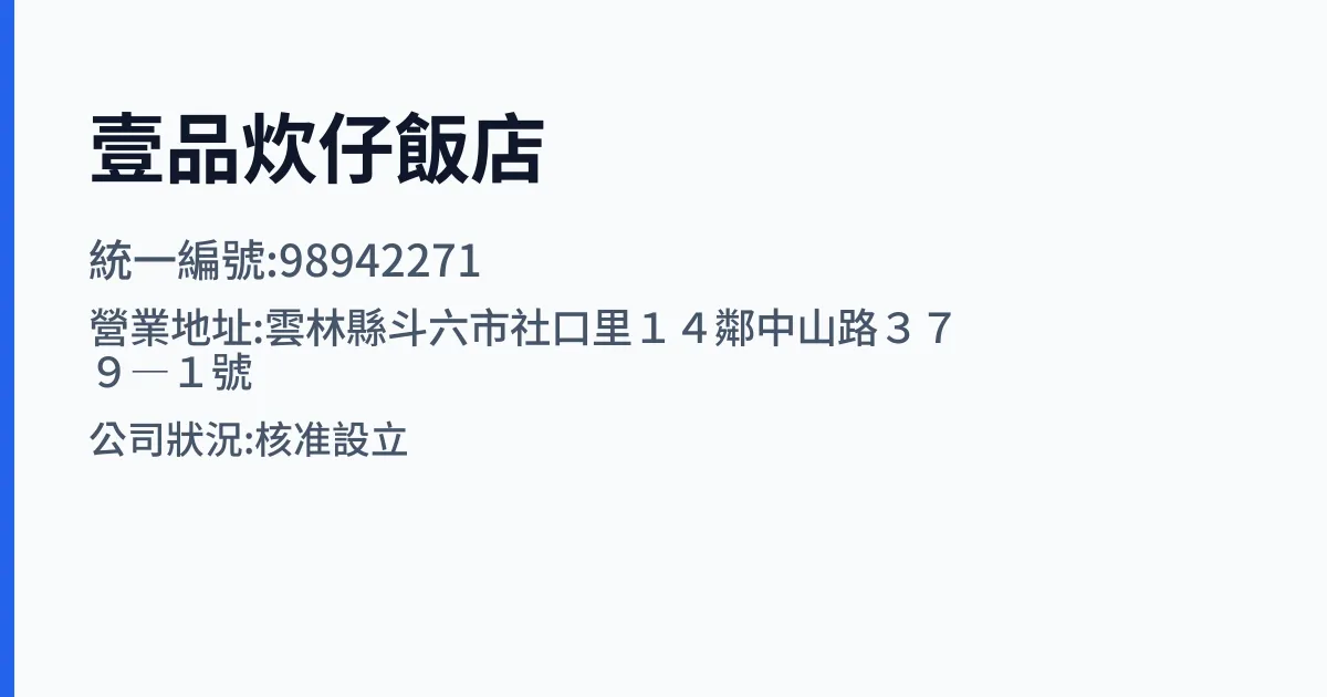 壹品炊仔飯店 - 統編 98942271(雲林縣) 公司登記資料與營業項目詳細圖表