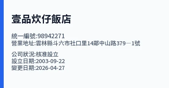 壹品炊仔飯店的照片-統編 98942271(雲林縣) 公司登記資料與營業項目詳細圖表