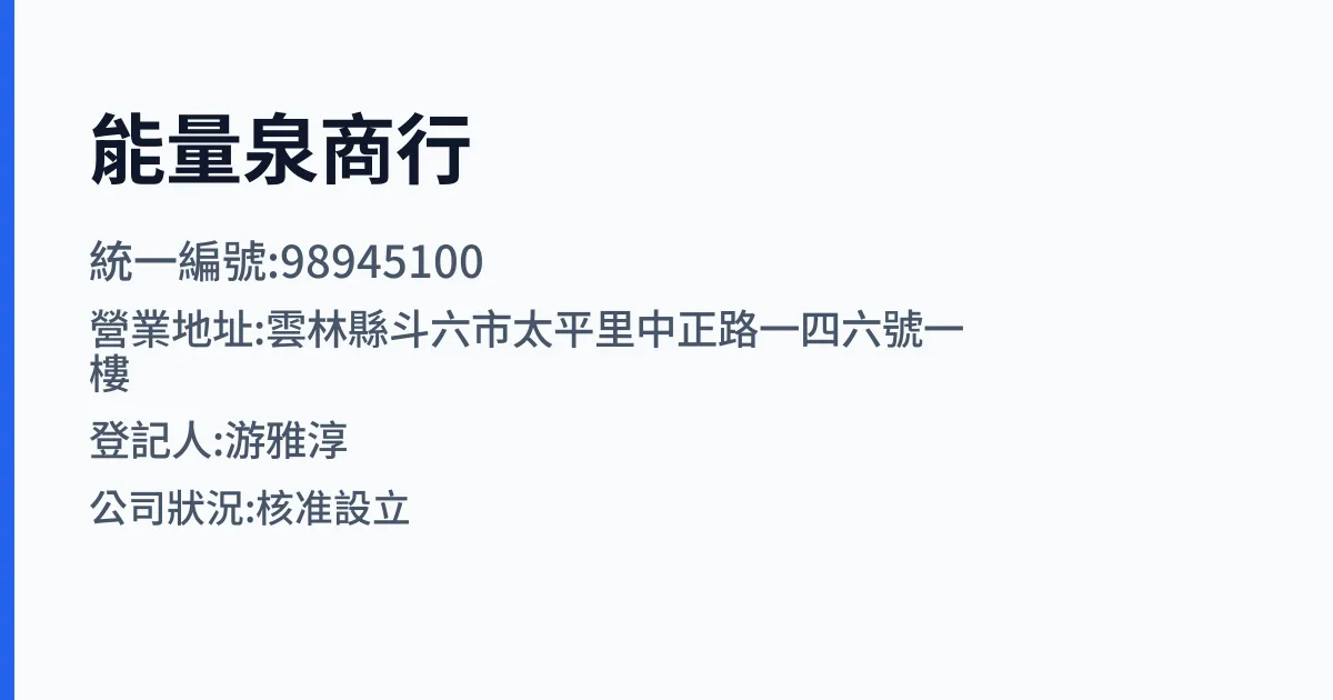能量泉商行 - 統編 98945100(雲林縣) 公司登記資料與營業項目詳細圖表