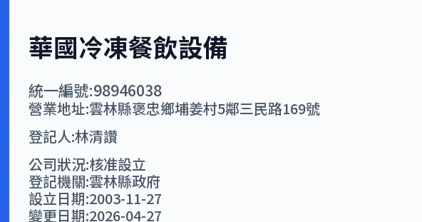 華國冷凍餐飲設備的照片-統編 98946038(雲林縣) 公司登記資料與營業項目詳細圖表