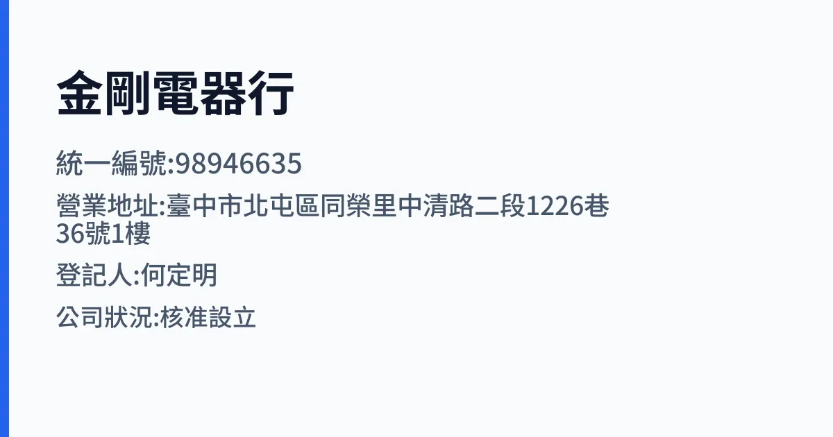 金剛電器行 - 統編 98946635(臺中市) 公司登記資料與營業項目詳細圖表