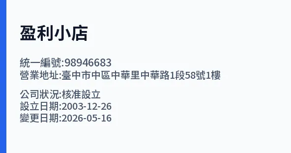 盈利小店的照片-統編 98946683(臺中市) 公司登記資料與營業項目詳細圖表