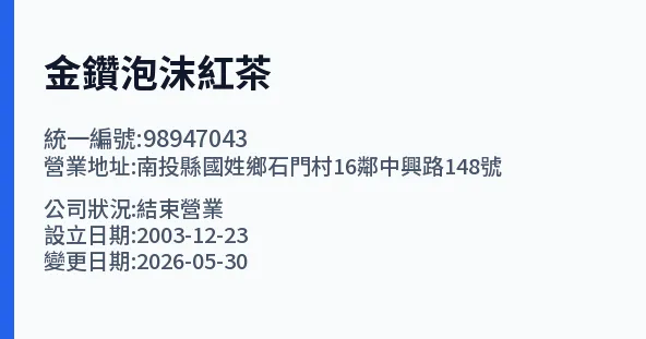 金鑽泡沫紅茶的照片-統編 98947043(南投縣) 公司登記資料與營業項目詳細圖表