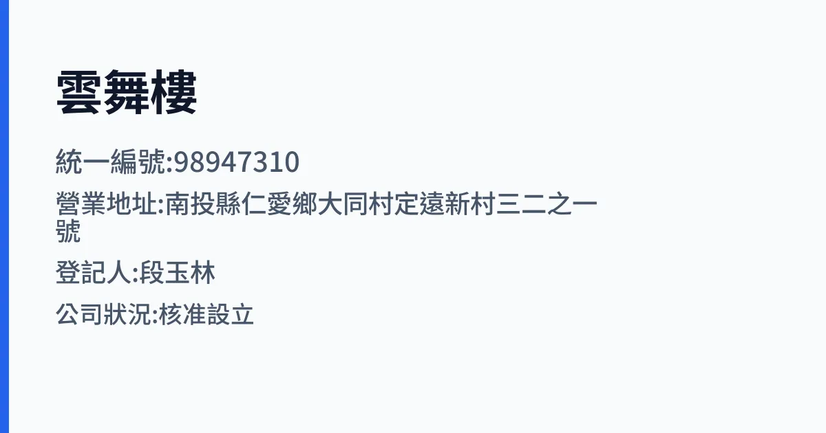 雲舞樓 - 統編 98947310(南投縣) 公司登記資料與營業項目詳細圖表