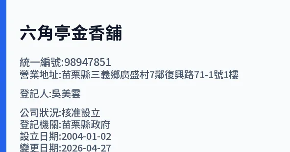 六角亭金香舖的照片-統編 98947851(苗栗縣) 公司登記資料與營業項目詳細圖表