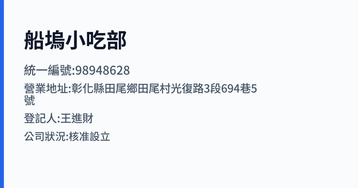 船塢小吃部 - 統編 98948628(彰化縣) 公司登記資料與營業項目詳細圖表