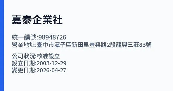嘉泰企業社的照片-統編 98948726(臺中市) 公司登記資料與營業項目詳細圖表