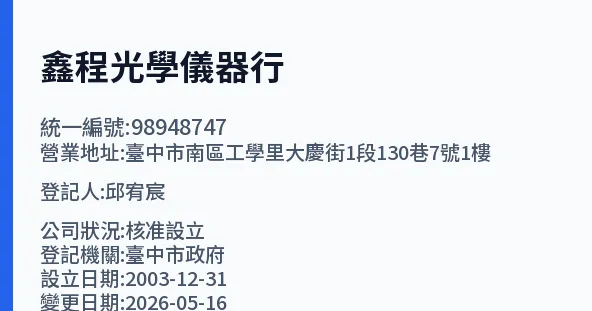 鑫程光學儀器行的照片-統編 98948747(臺中市) 公司登記資料與營業項目詳細圖表